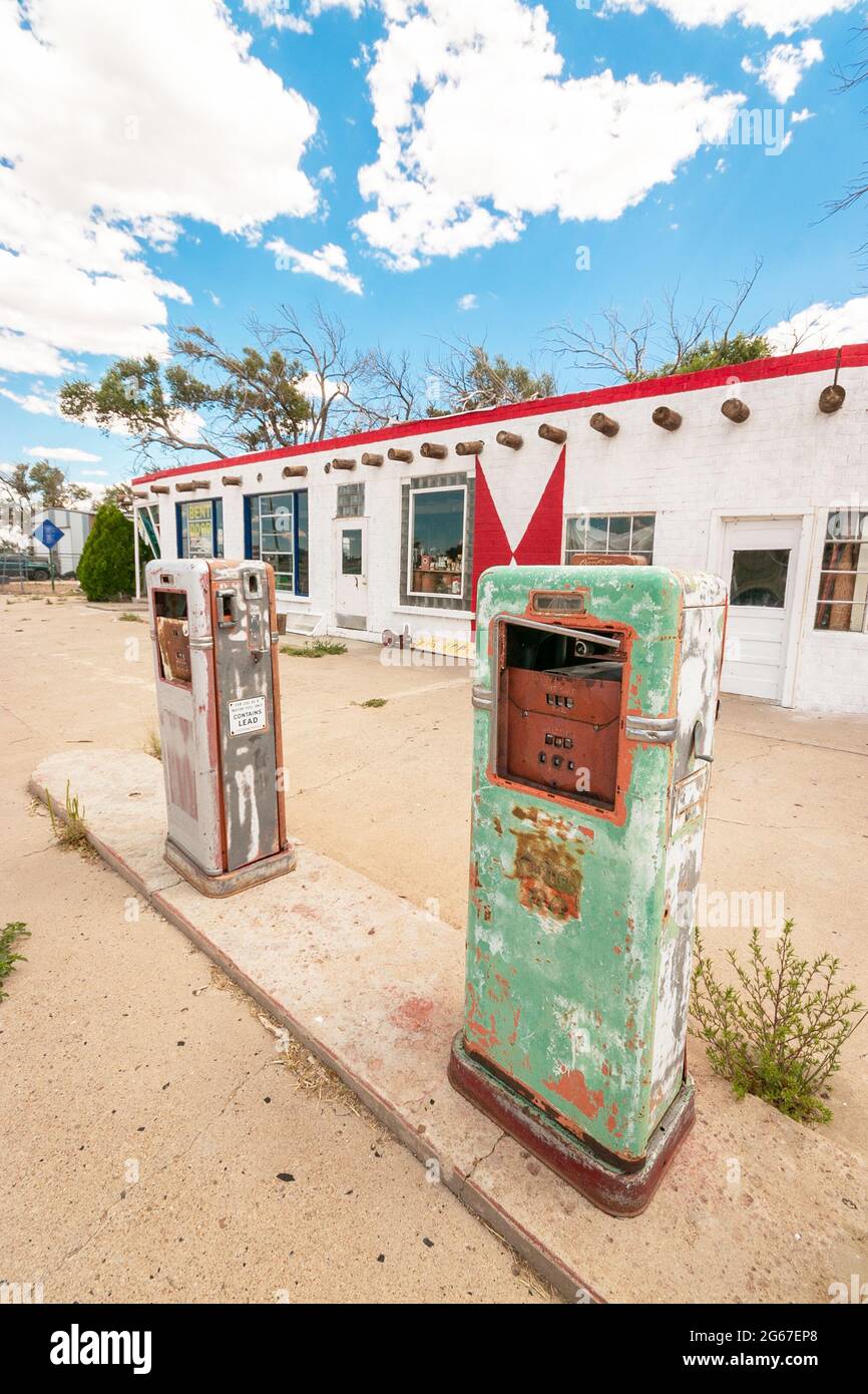 vintage Chevron gas station with pumps on Route 66 Texas Stock Photo ...