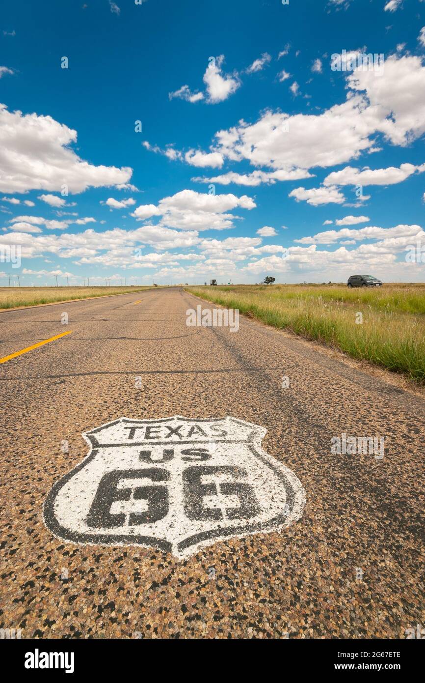 painted shield on road surface pavement on an empty historic Route 66 ...