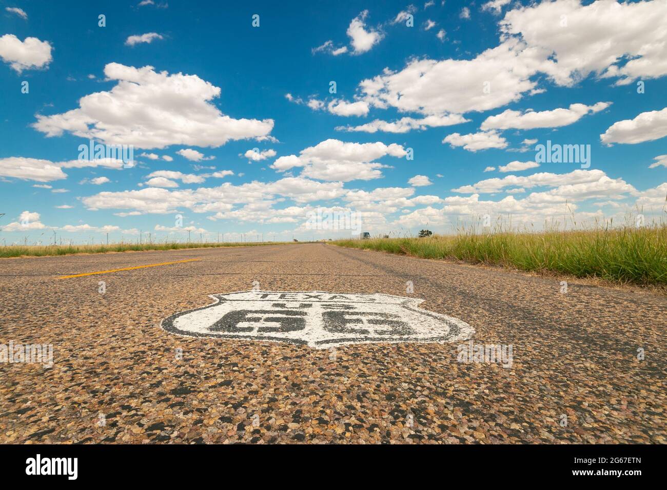painted shield on road surface pavement on an empty historic Route 66 ...