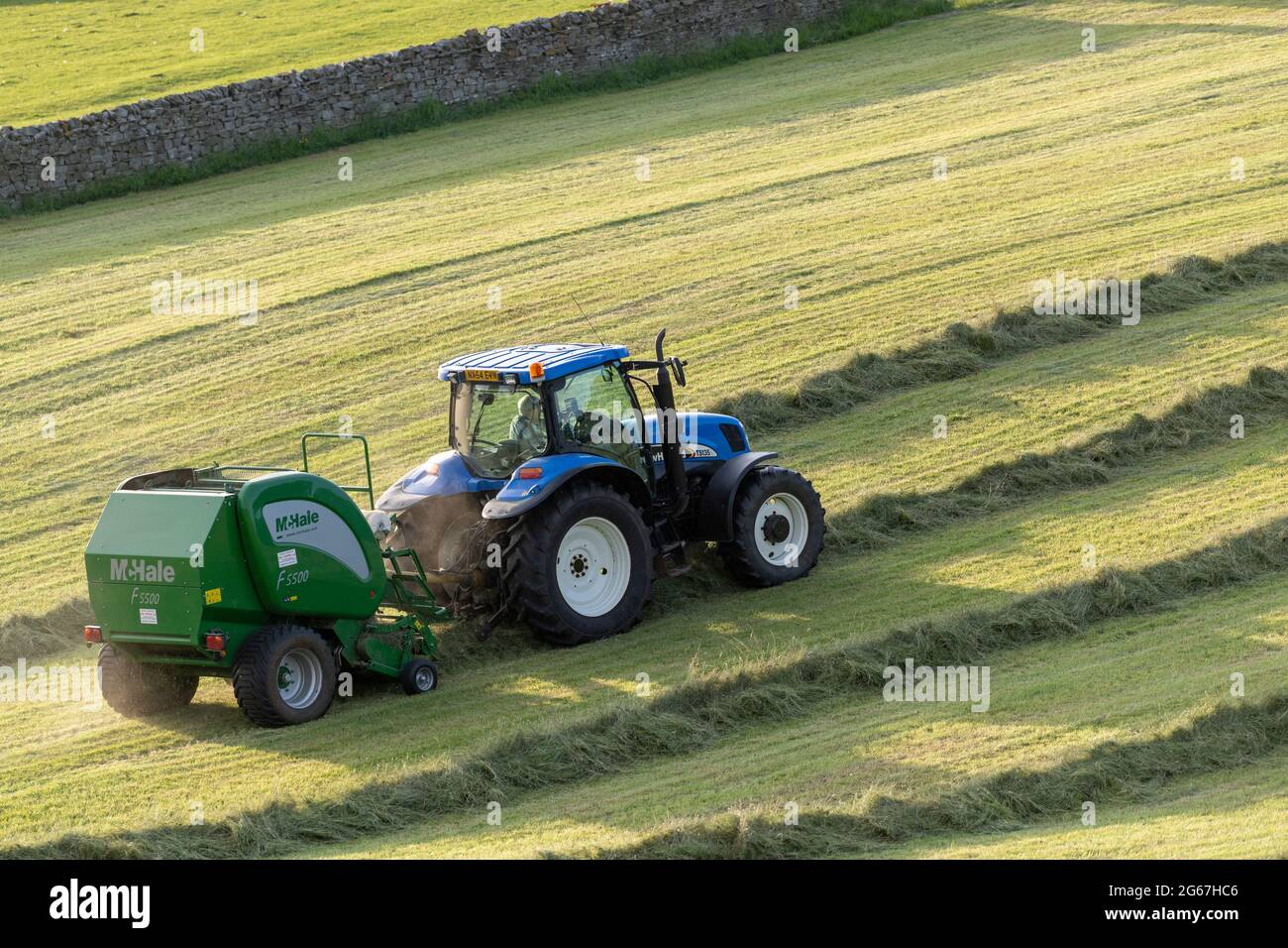 Farmer making big round bales of haylage with a New Holland TS135 ...