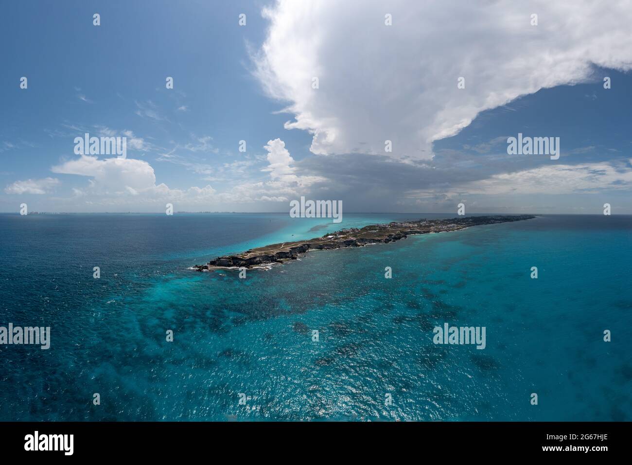 Aerial view of the clear blue waters around Punta Sur in Isla Mujeres ...