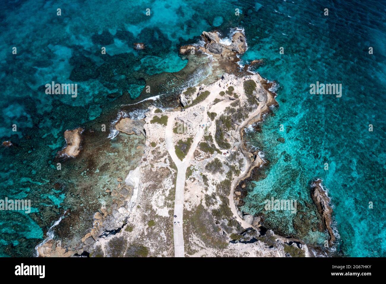 Aerial view of the clear blue waters around Punta Sur in Isla Mujeres ...