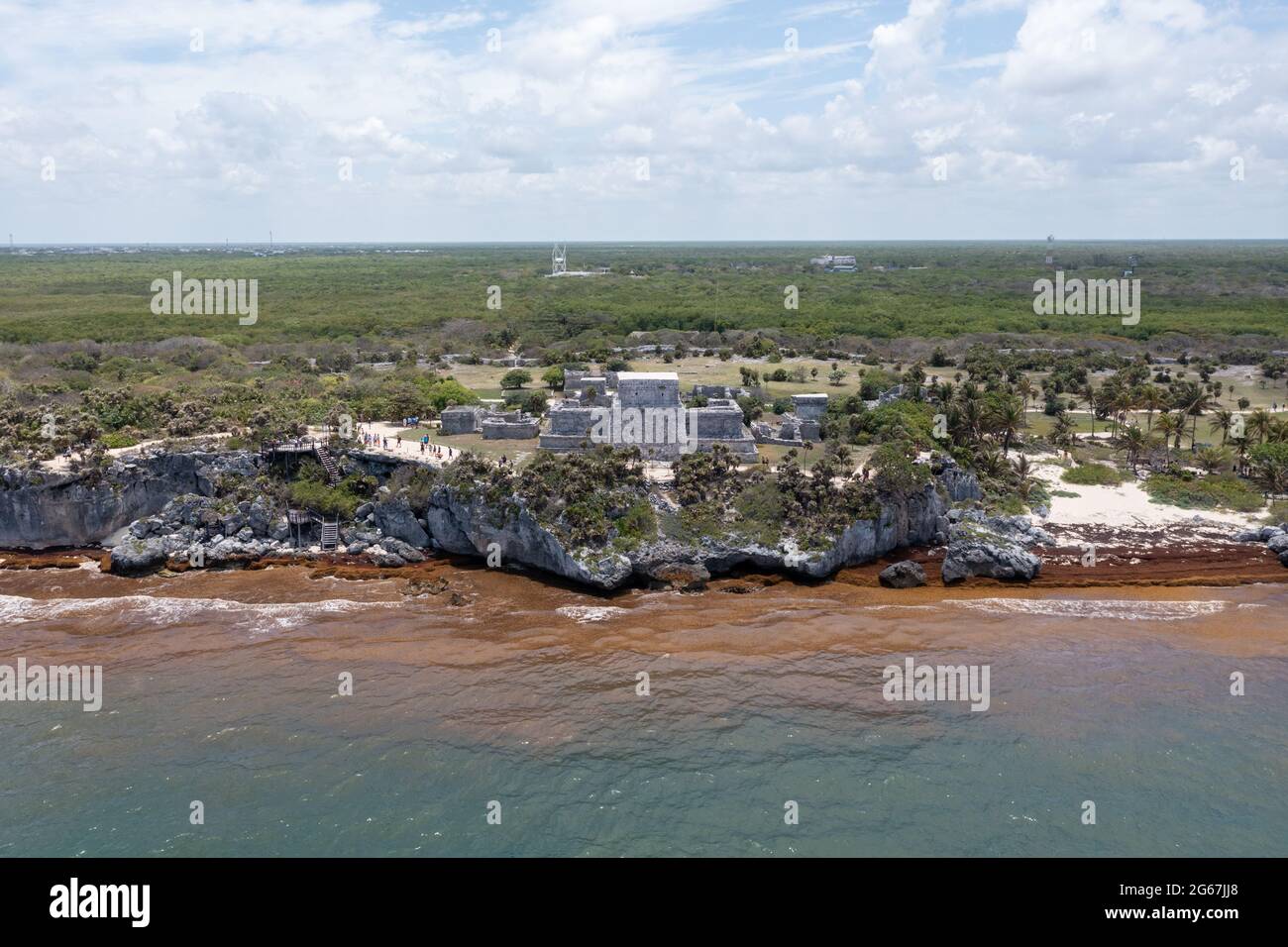Aerial panoramic view of the Mayan archaeological zone in Tulum in ...
