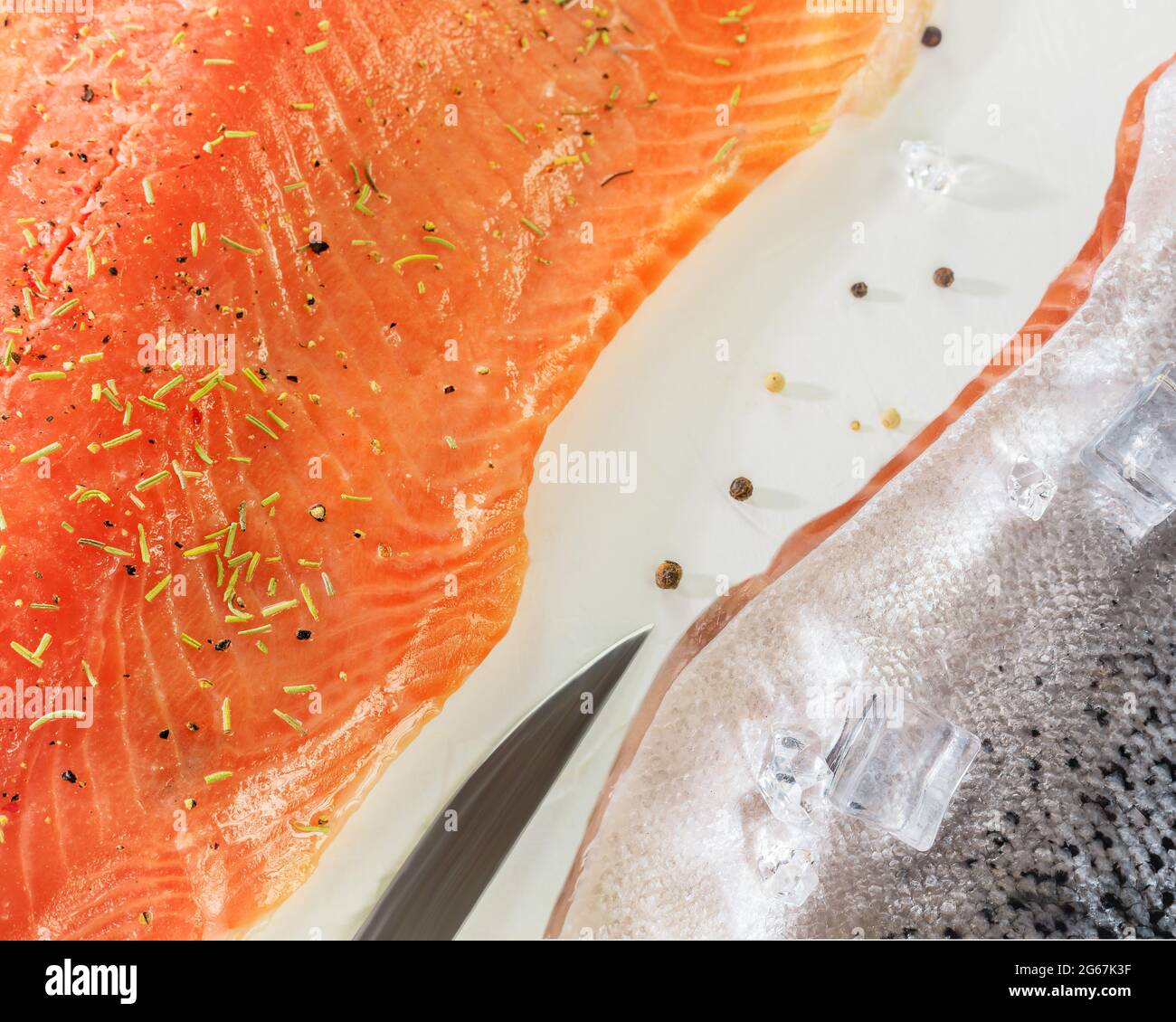 Food horizontal composition with fresh sea fish, raw salmon fillet with ...