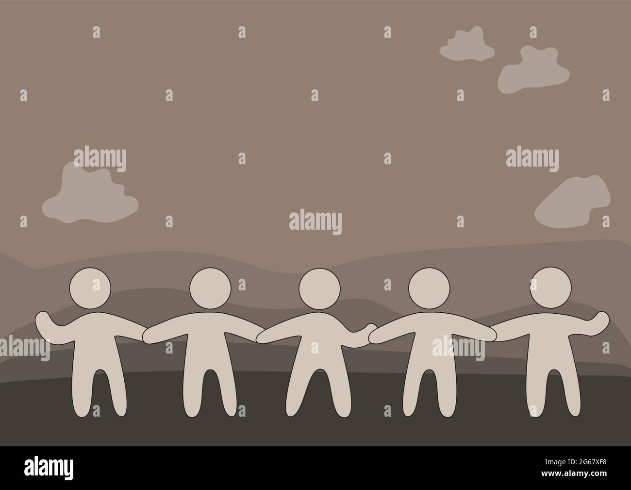 Five Standing People Drawing Holding Hands Showing Team Support And ...