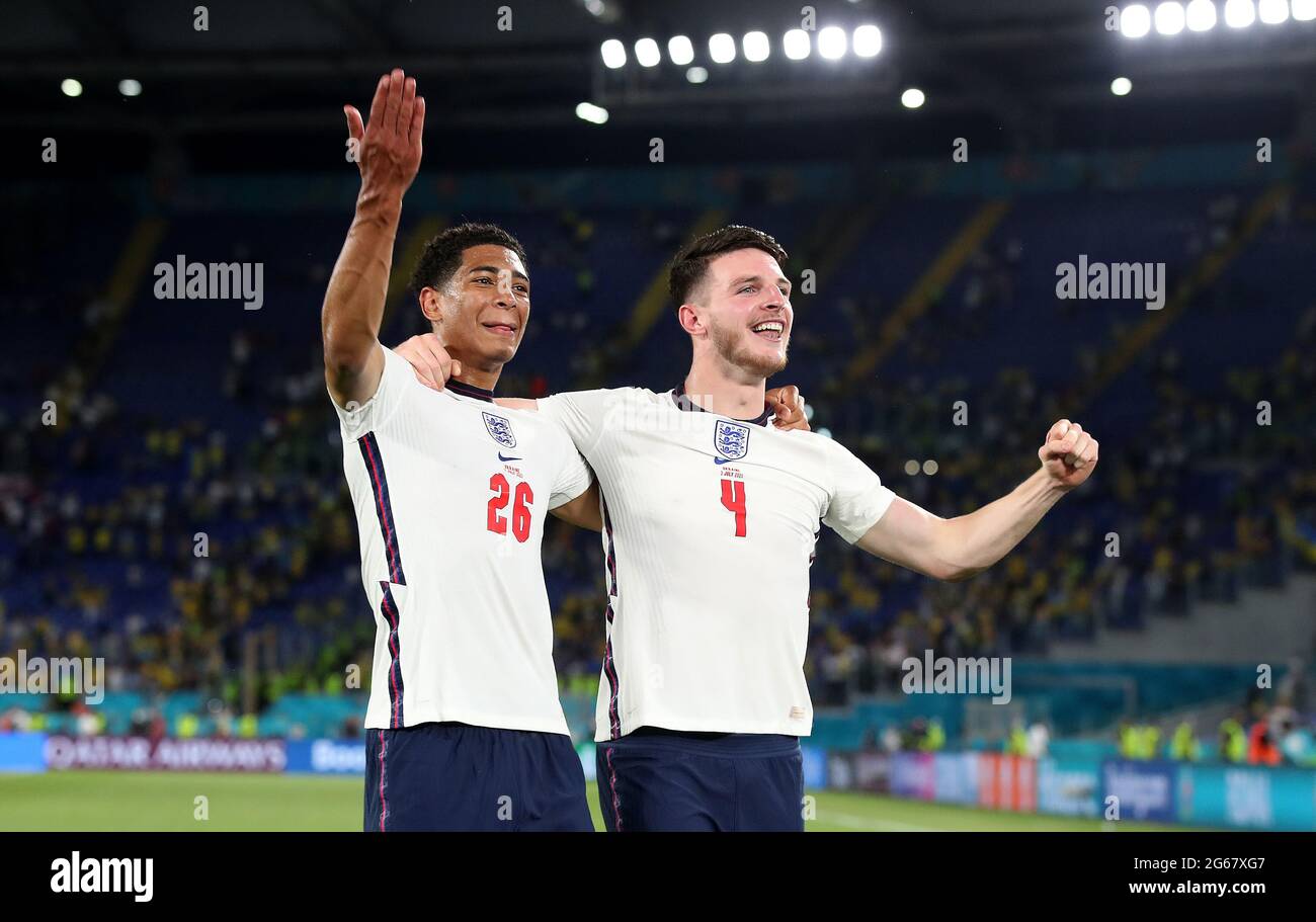 England's Jude Bellingham (left) and Declan Rice celebrate after the ...