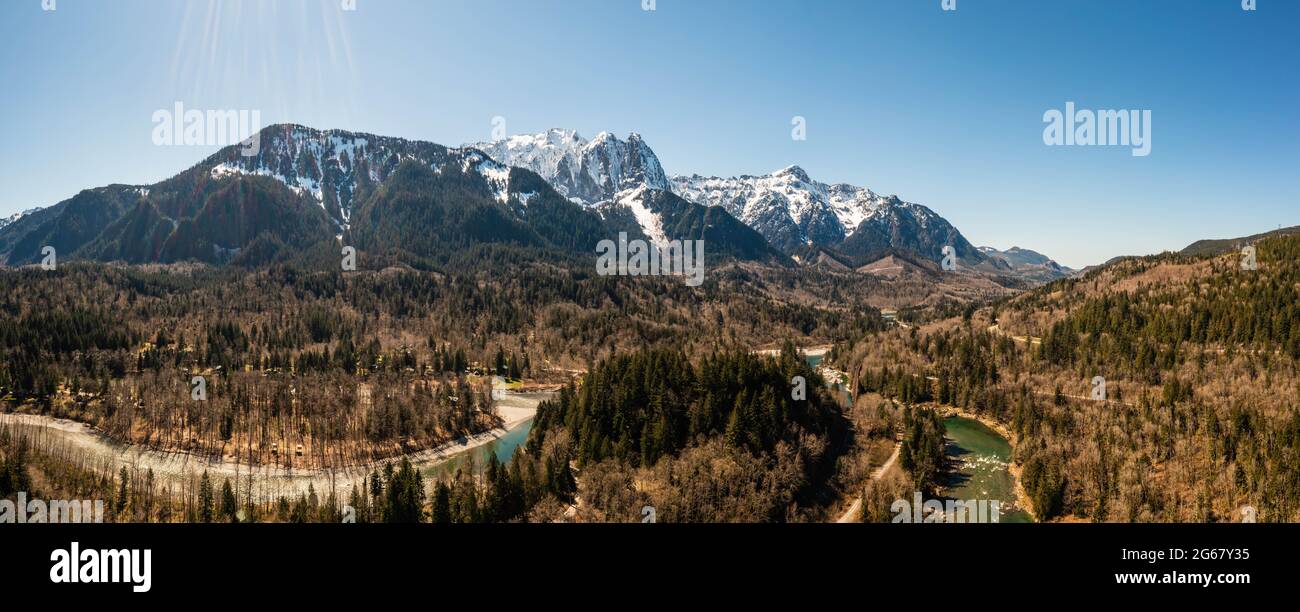 Aerial panorama image by drone of the Cascade mountains in Washington ...