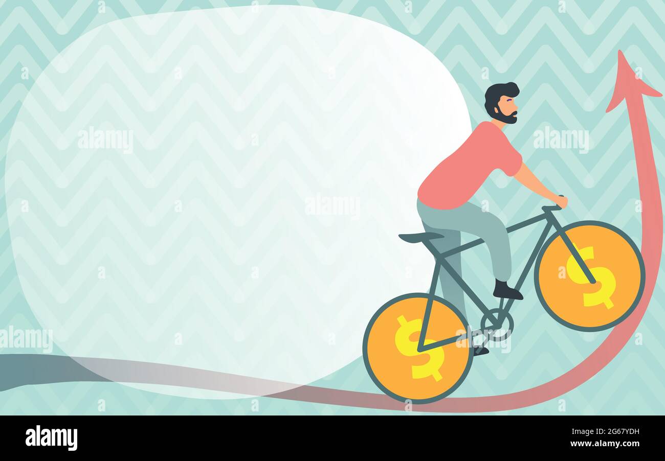 Man Drawing Travelling Using Bike With Dollar Sign Wheels Going Upward ...