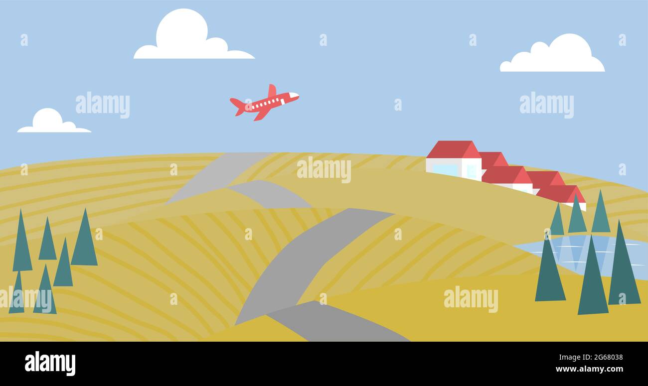 Landscape with gold fields,. lake, and red plane vector illustration ...