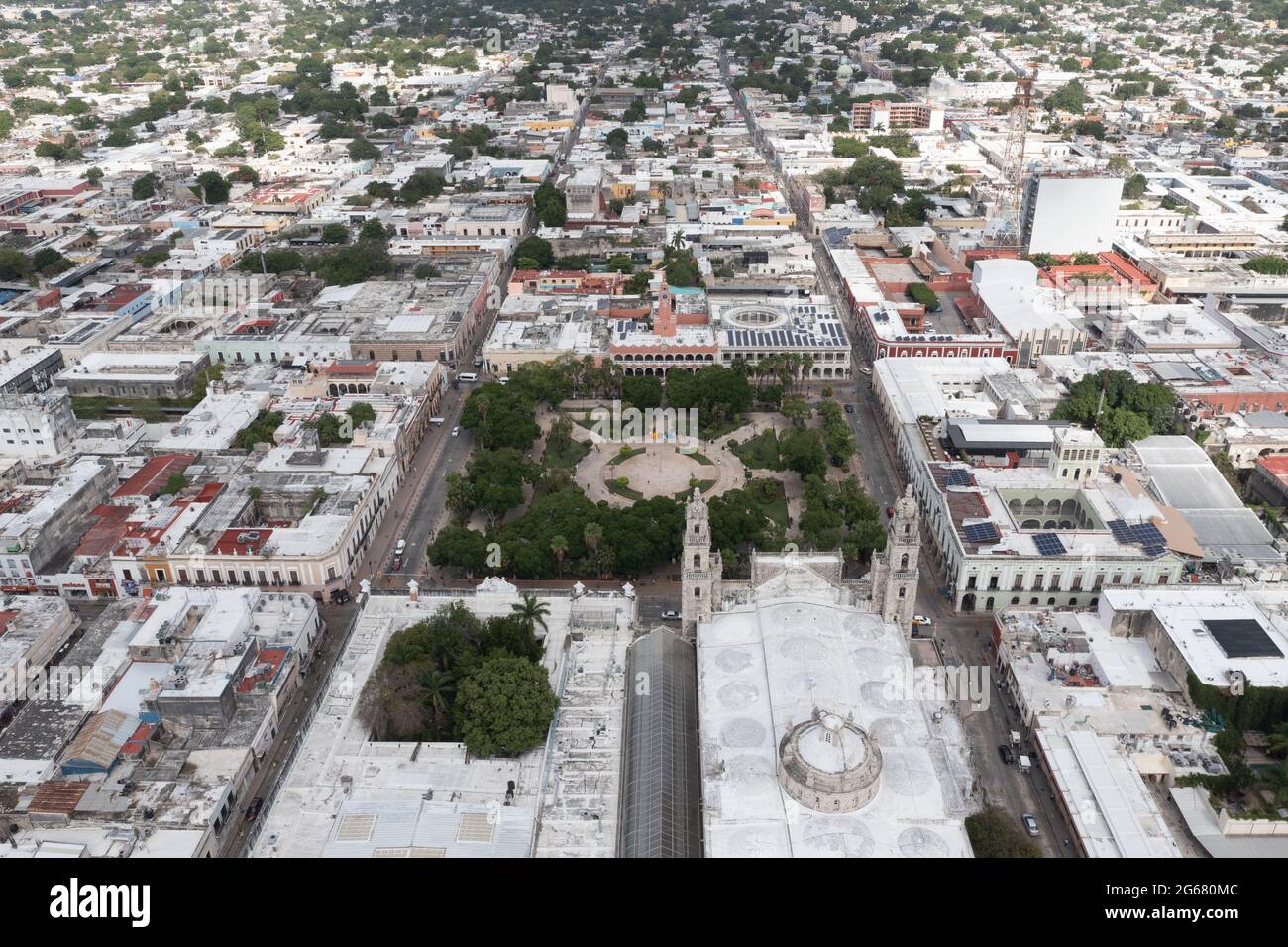 Aerial view of Plaza Grande, the downtown of Merida, Mexico in the ...