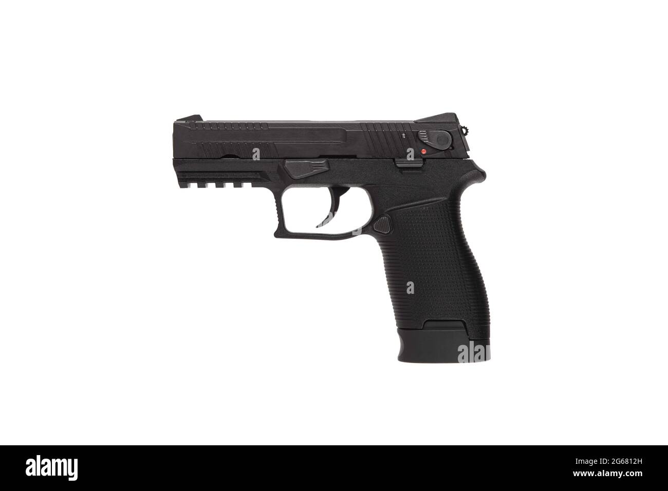 Black modern pistol on a white background. A short-barreled weapon for ...