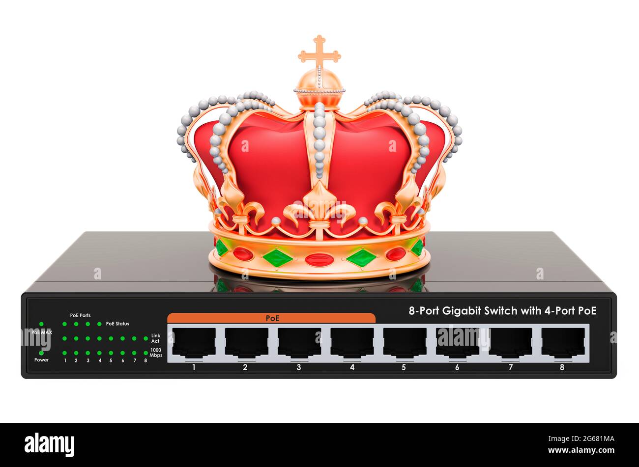 Network switch with golden crown, 3D rendering isolated on white ...