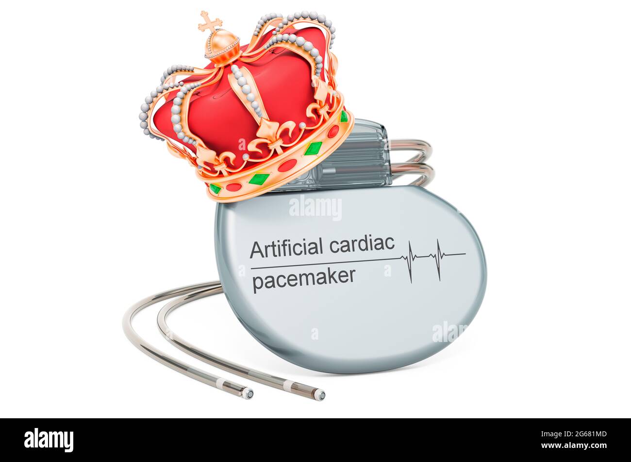 Artificial cardiac pacemaker with golden crown, 3D rendering isolated ...