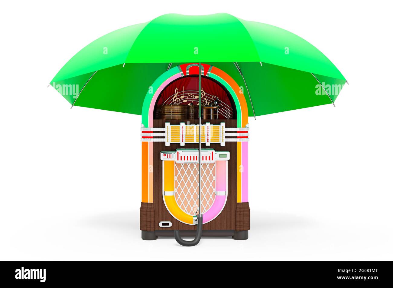Classic musical jukebox under umbrella, 3D rendering isolated on white ...