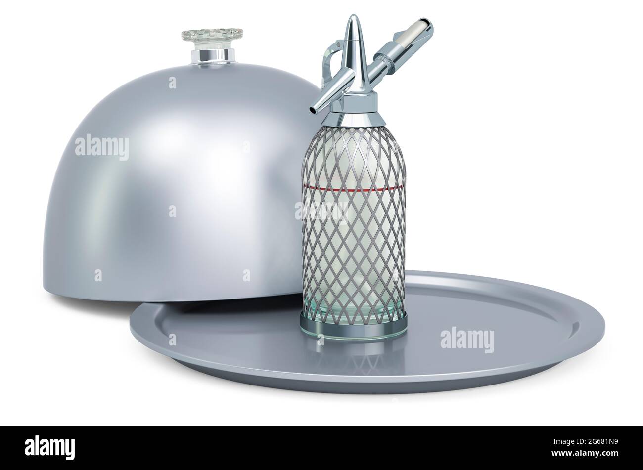Restaurant cloche with soda siphon, 3D rendering isolated on white ...