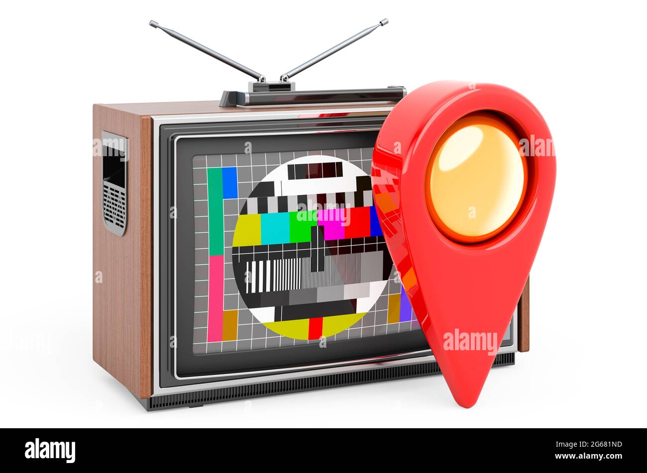 Map pointer with TV set, 3D rendering isolated on white background ...