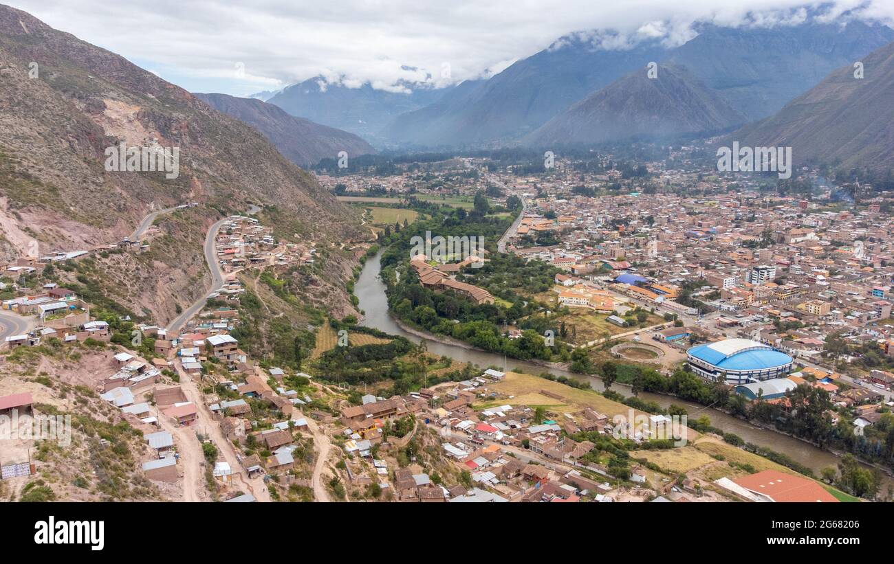 Aerial view of the town of Urubamba in the Sacred Valley of Cusco. Peru ...