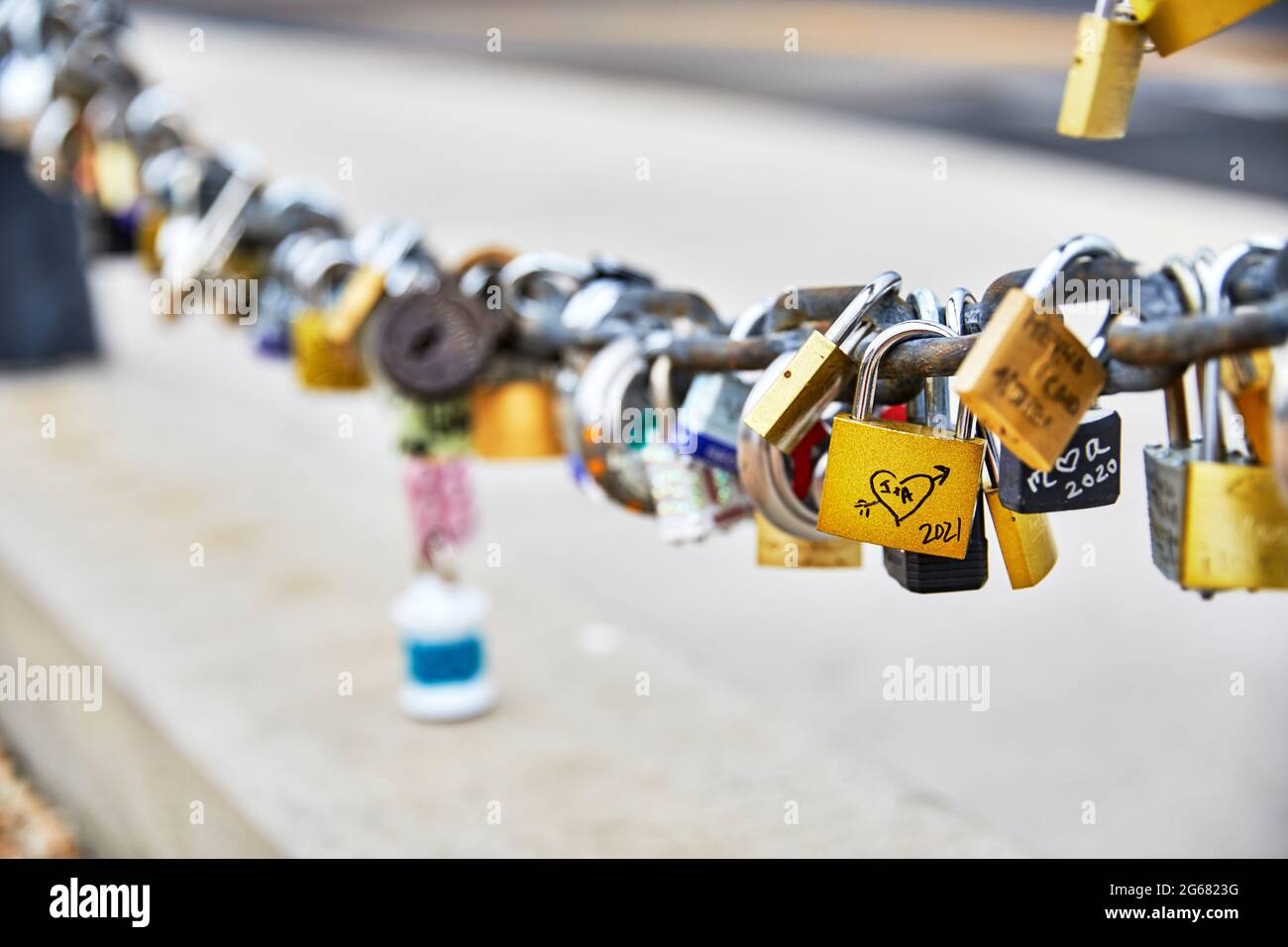 Lake Havasu, Arizona, USA - June 30, 2021: Locks hanging on a chain on ...