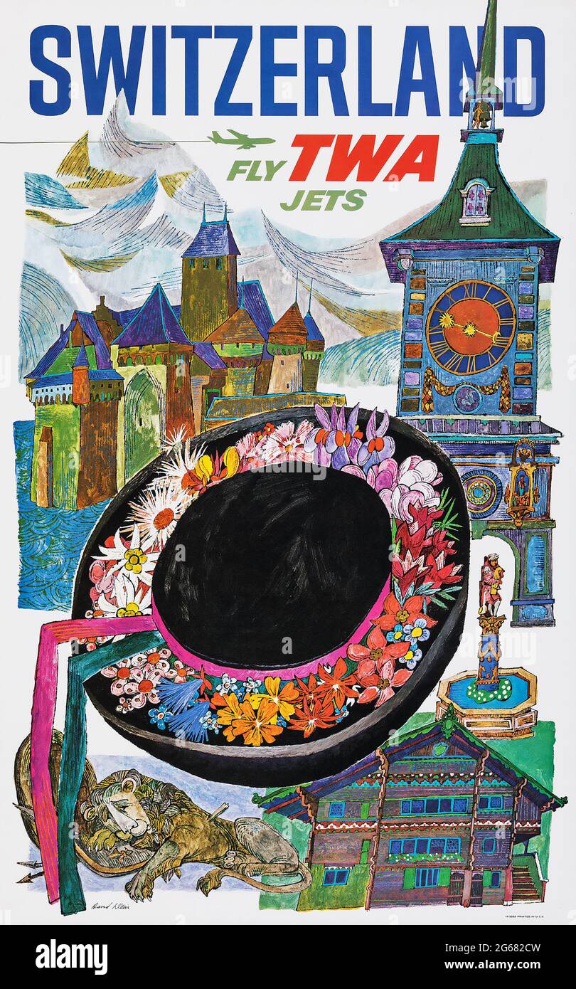 Fly TWA, Switzerland, Vintage Travel Poster, TWA – Trans World Airlines ...