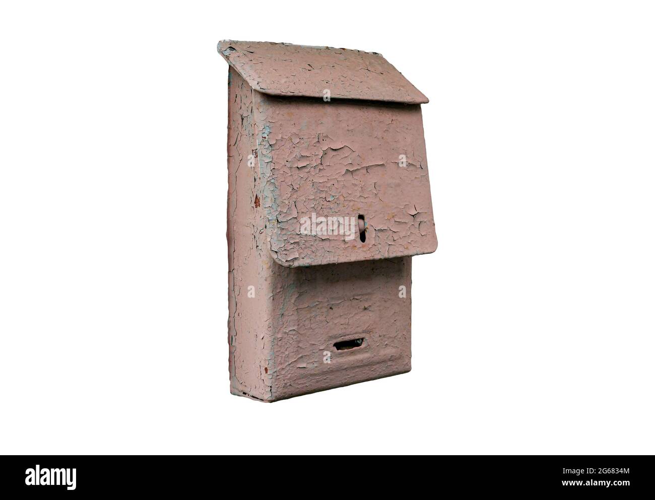 Vintage mailbox isolated on white background. Pink mailbox rusty with ...