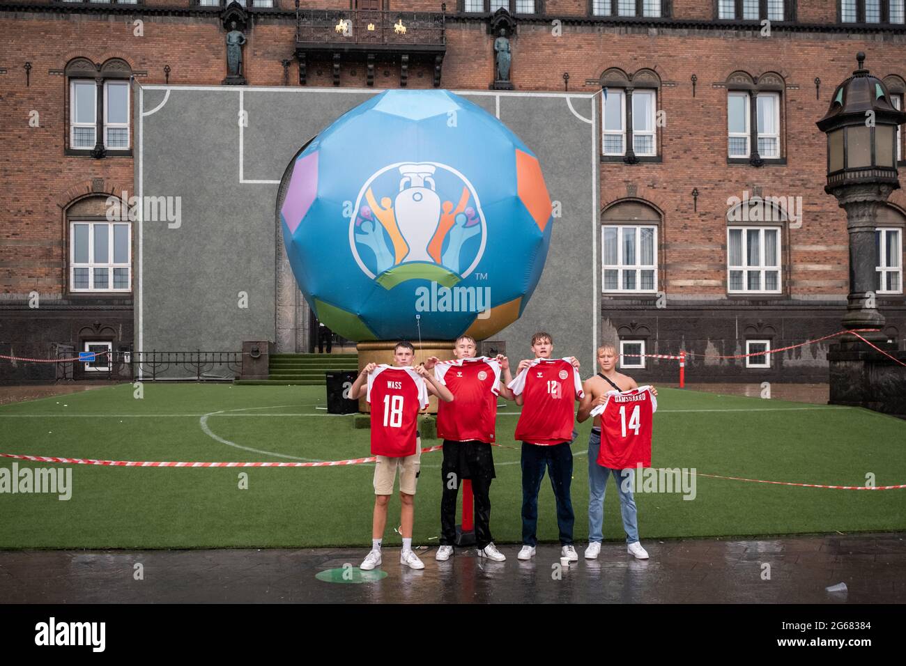 Copenhagen, Denmark. 03rd July, 2021. Danish football fans dressed in ...