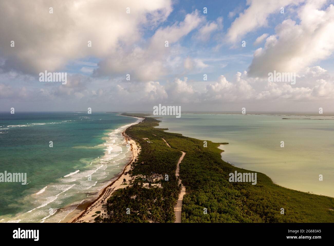 Scenic aerial landscape of the peninsula of Tulum in Quintana Roo ...