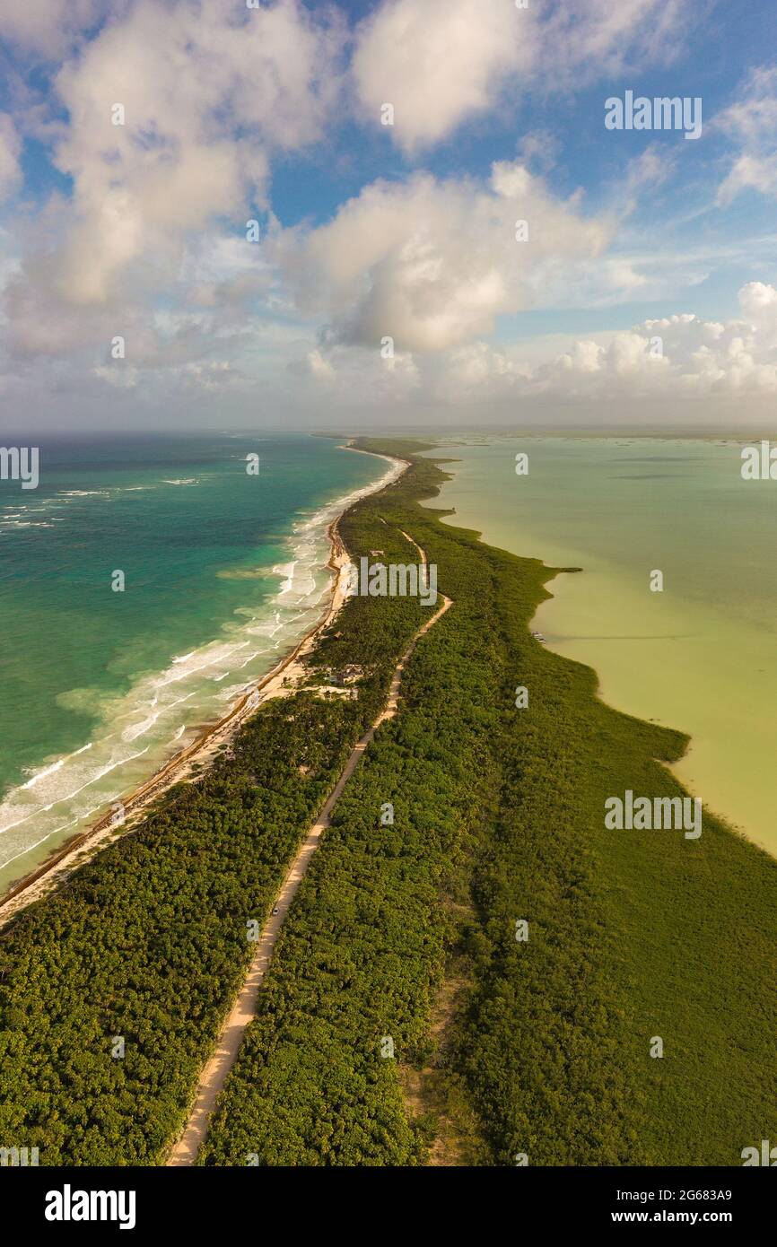 Scenic aerial landscape of the peninsula of Tulum in Quintana Roo ...