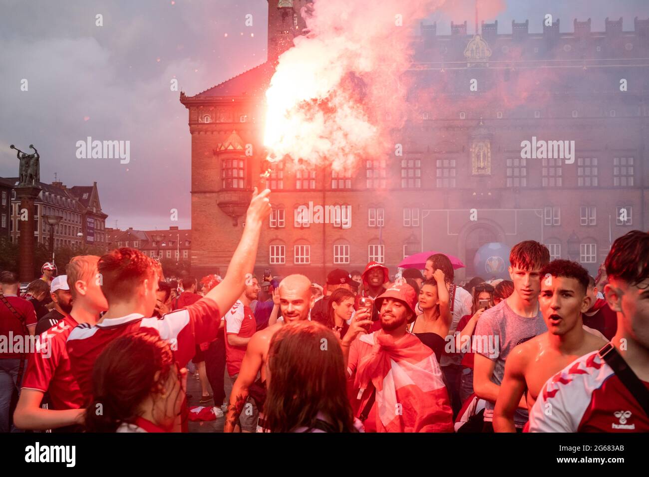 Copenhagen, Denmark. 03rd July, 2021. Danish football fans dressed in ...