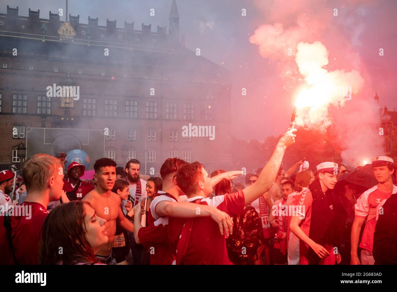 Copenhagen, Denmark. 03rd July, 2021. Danish football fans dressed in ...