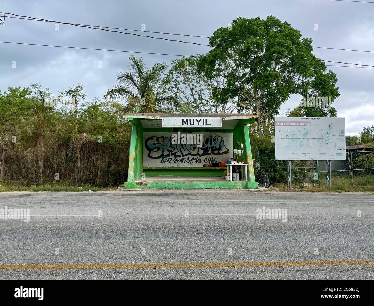 Muyil, Mexico - May 21, 2021: Concrete bus stop for Muyil in the ...