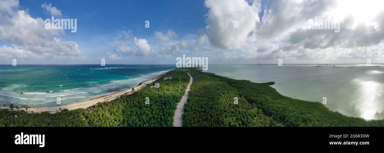 Scenic aerial landscape of the peninsula of Tulum in Quintana Roo ...