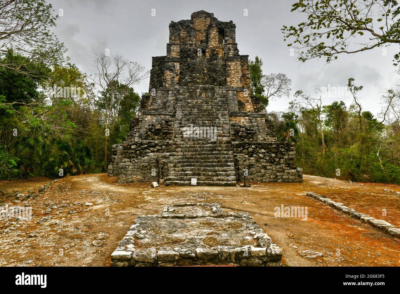 Muyil Mayan Ruins of a pyramid in Sian Kaan near Tulum, Mexico Stock ...