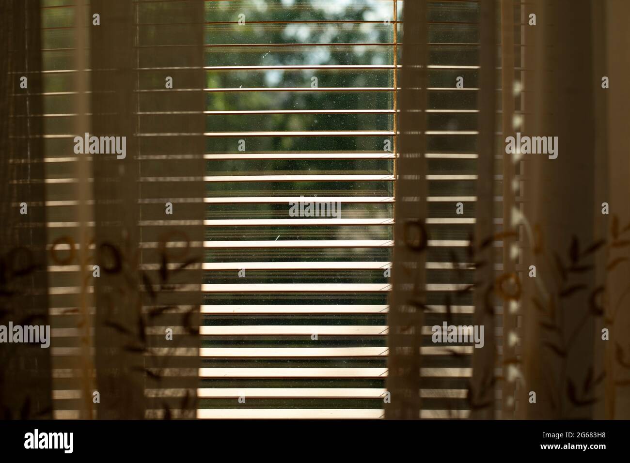 The blinds are made of wood. View of the blinds from above. Sunlight on ...