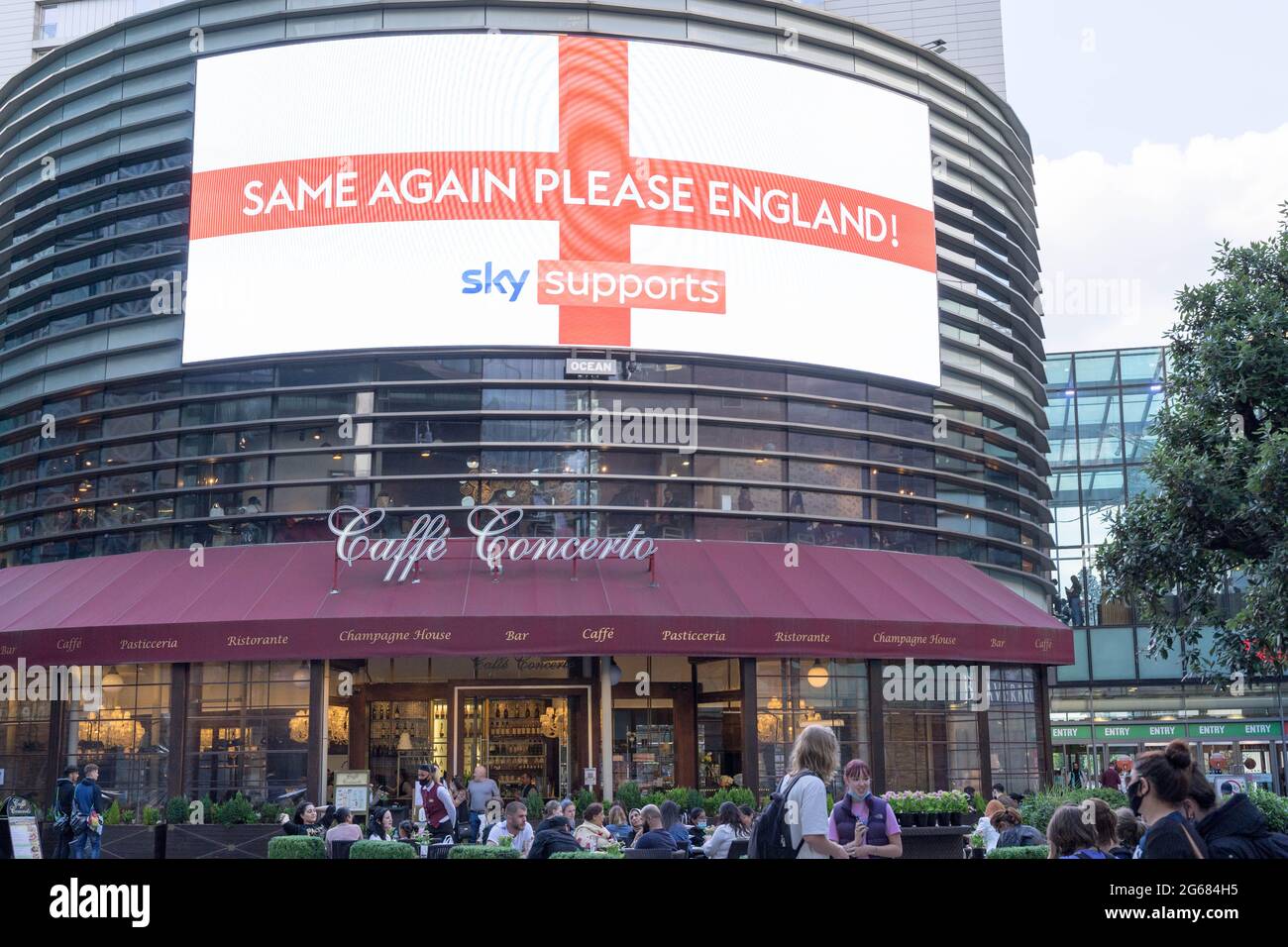 England flag shown on giant LED screen in Stratford, following England ...