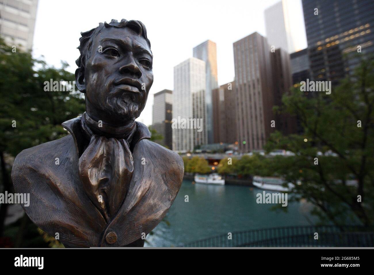 A statue of Jean Baptiste Point DuSable, a Haitian-born trader credited ...