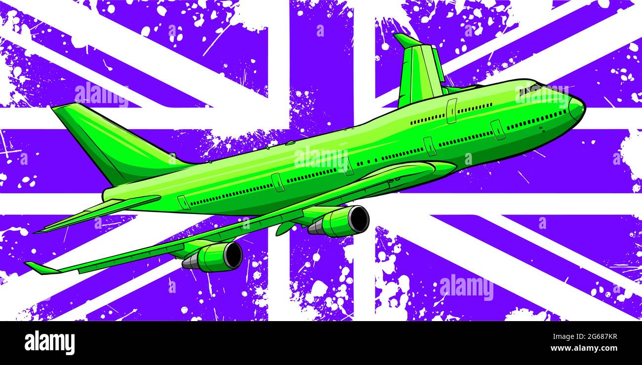 Vector Illustration of a passenger plane flying over the flag of great ...