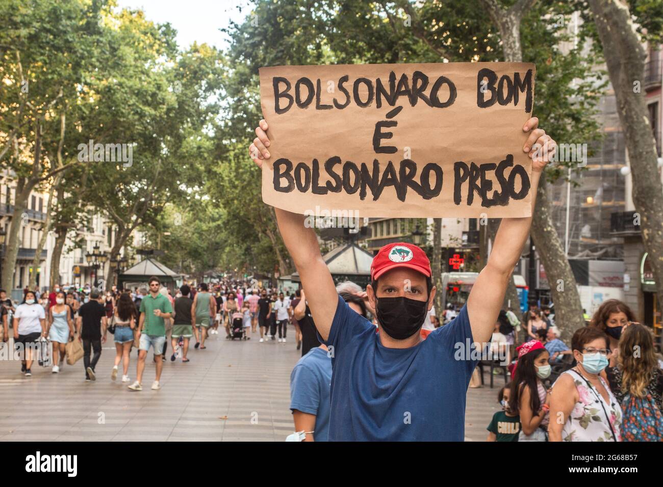 Barcelona, Spain. 03rd July, 2021. A protester seen holding a placard ...