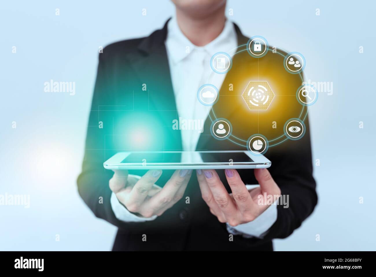 Lady In Uniform Standing Holding Phone With Two Hands Showing Modern ...