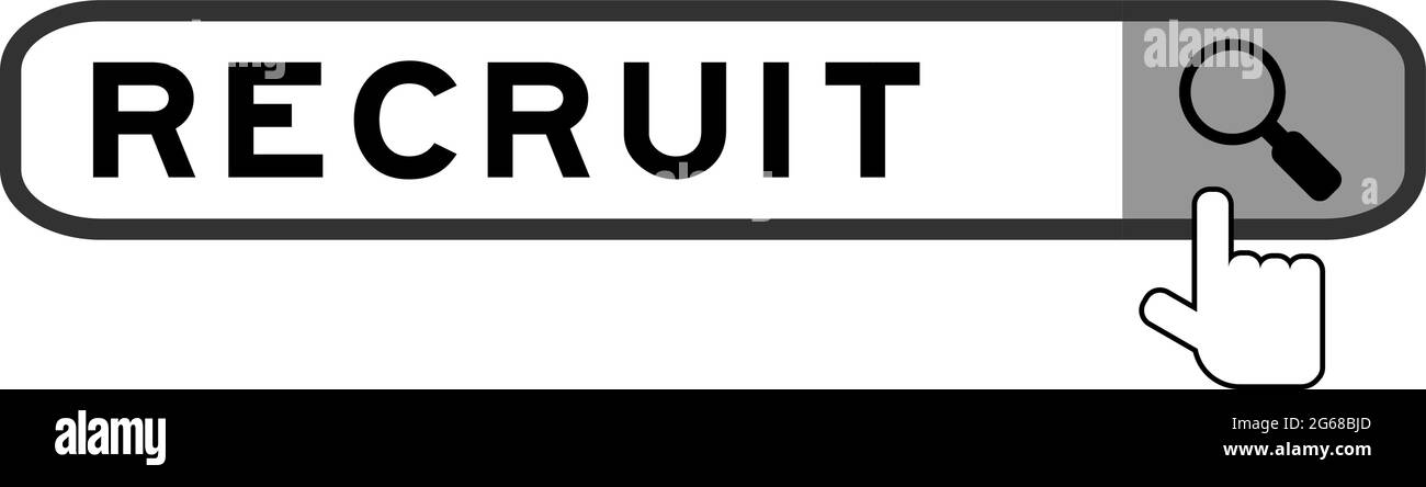 Search banner in word recruit with hand over magnifier icon on white ...