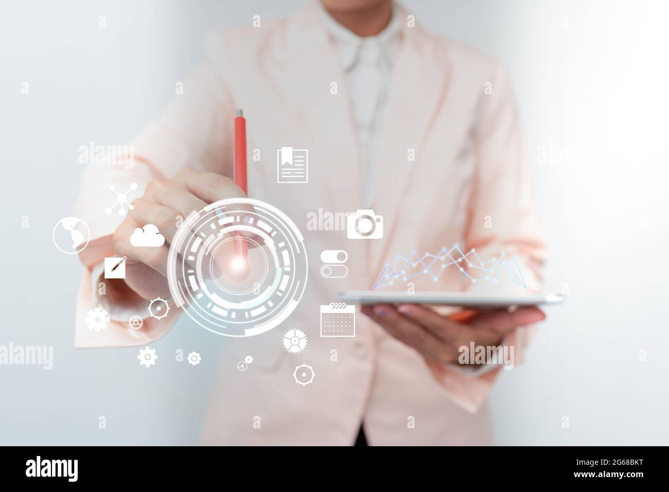 Business Woman Touching Digital Data On Holographic Screen Interface ...