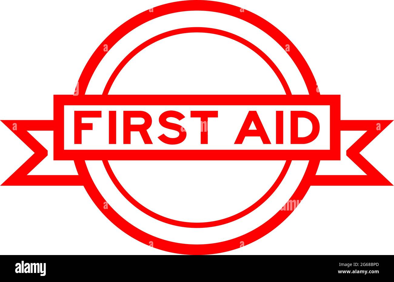 Vintage red color round label banner with word first aid on white ...