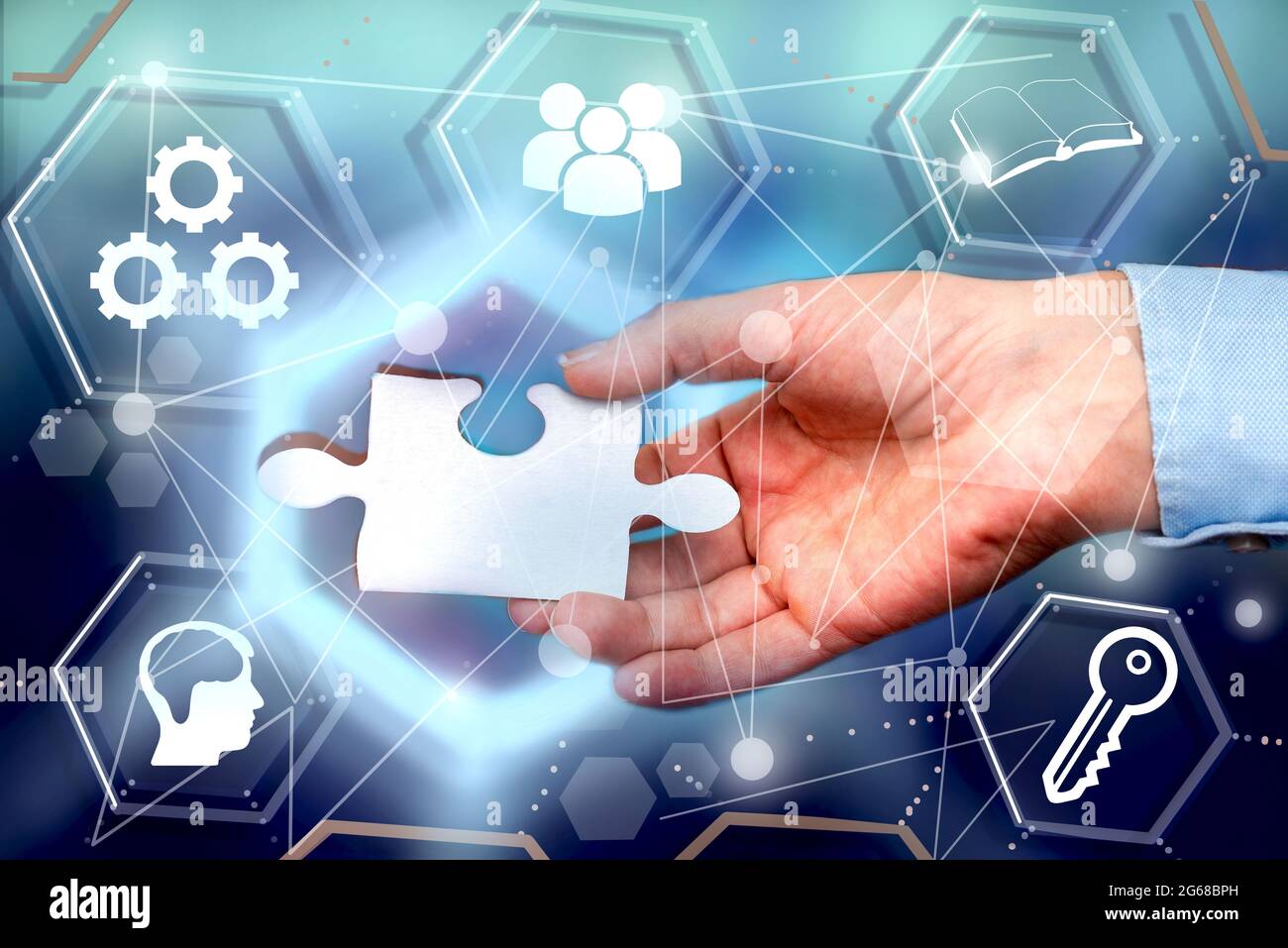 Hand Holding Jigsaw Puzzle Piece Unlocking New Futuristic Technologies ...
