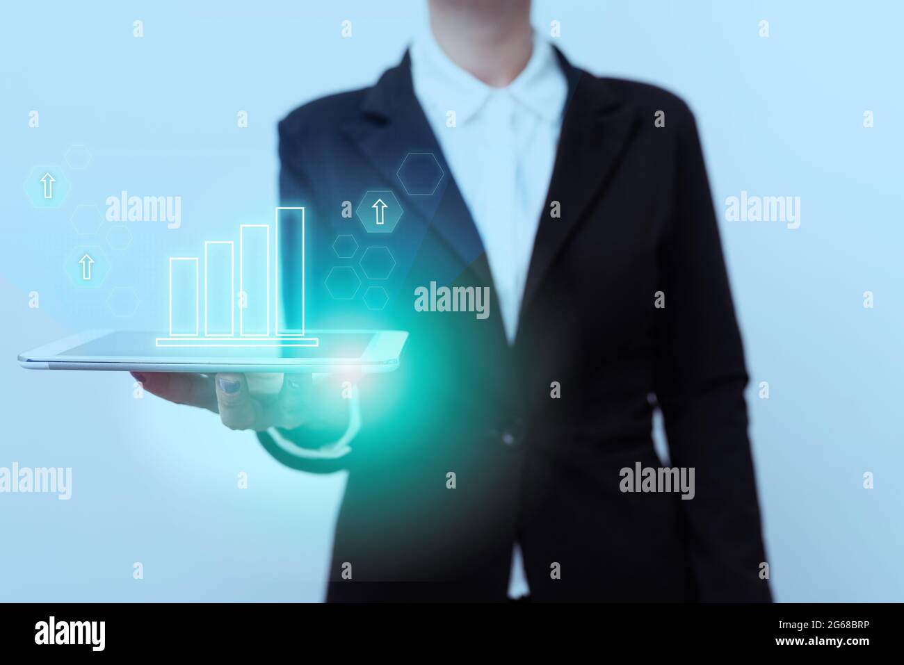 Woman In Uniform Standing And Displaying Mobile Device Using Futuristic ...