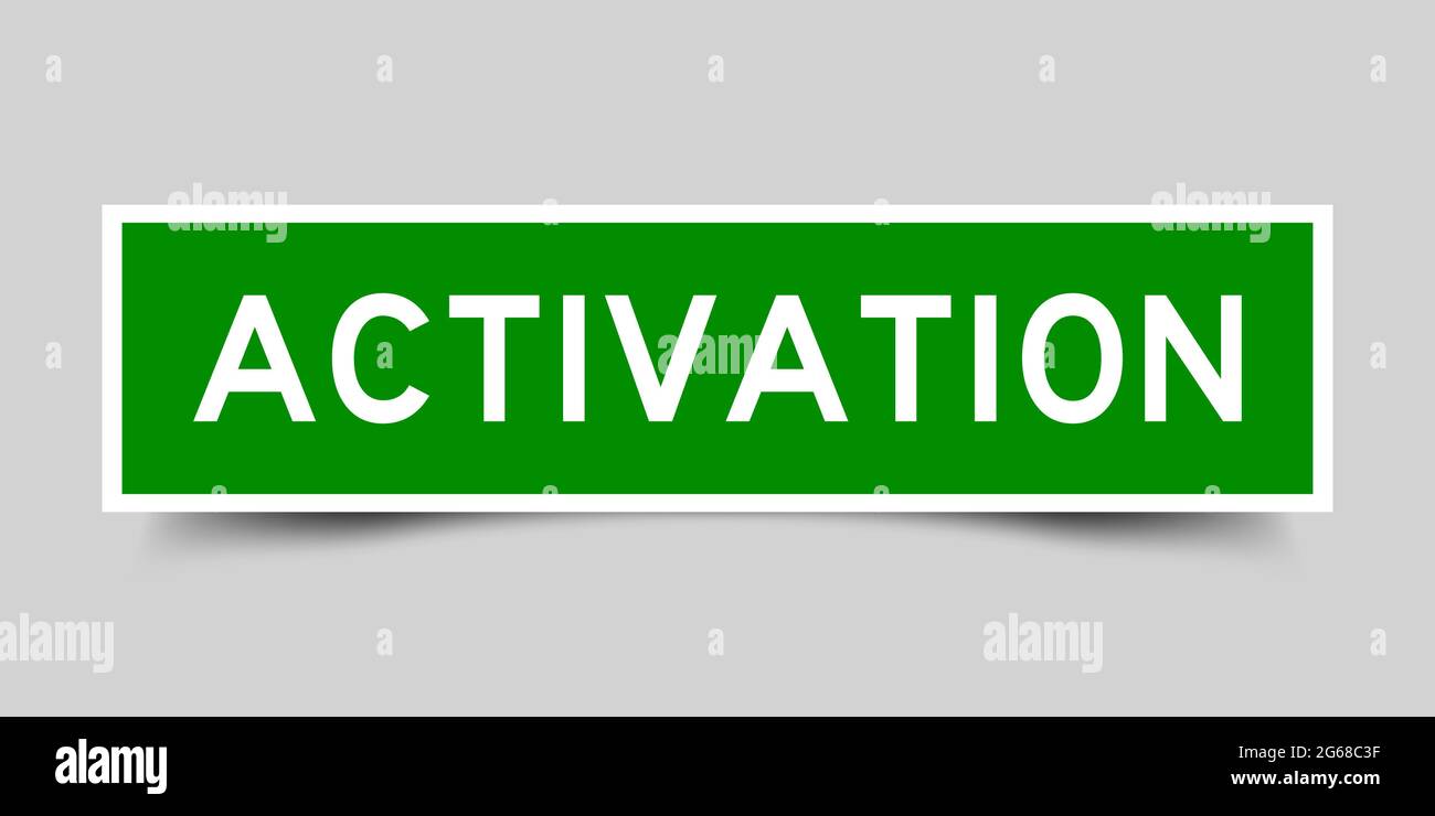 Square label sticker with word activation in green color on gray ...