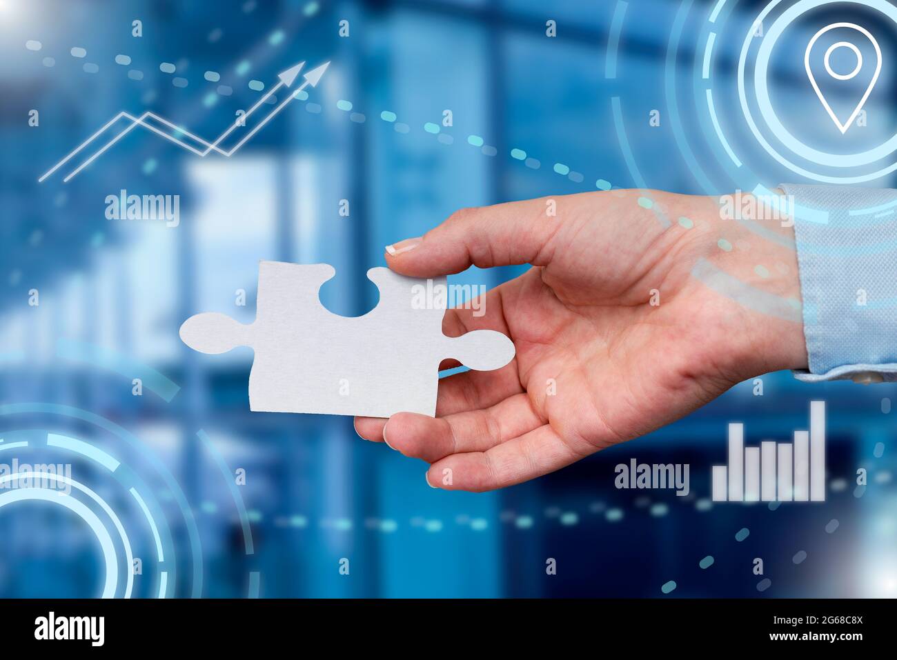 Hand Holding Jigsaw Puzzle Piece Unlocking New Futuristic Technologies ...