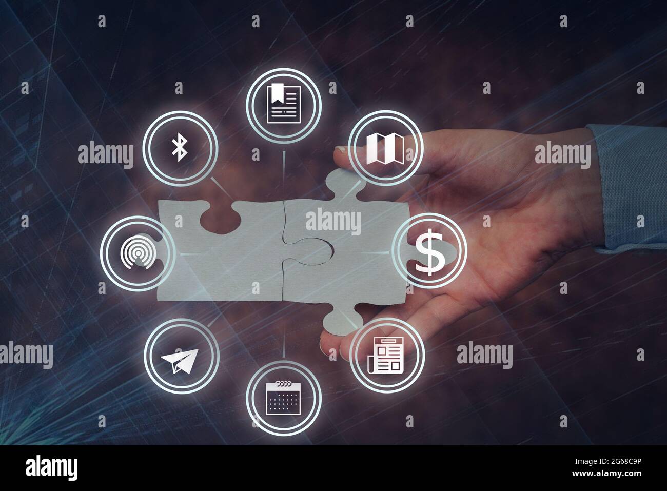 Hand Holding Jigsaw Puzzle Piece Unlocking New Futuristic Technologies ...