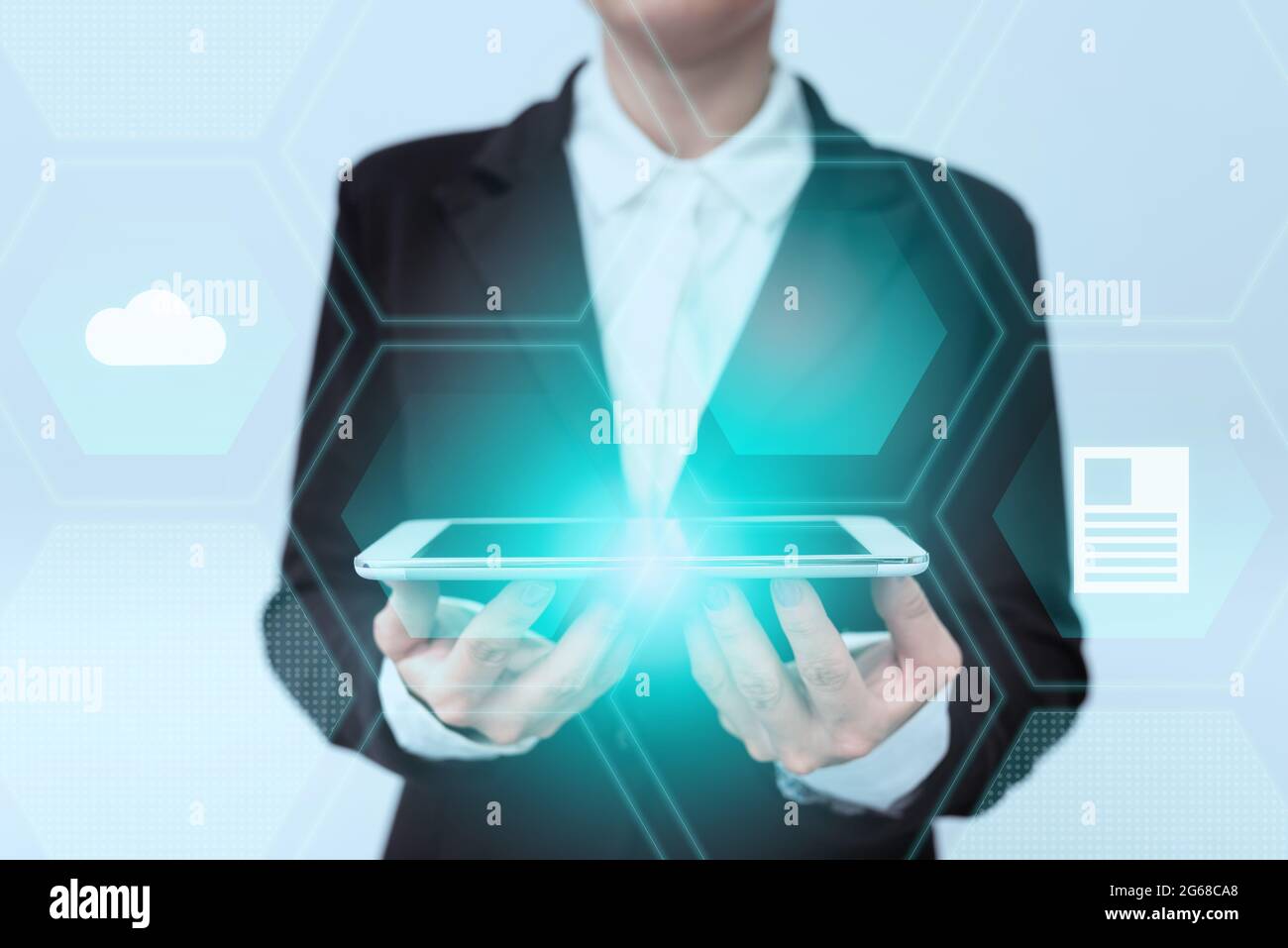 Lady In Uniform Standing Holding Phone With Two Hands Showing Modern ...
