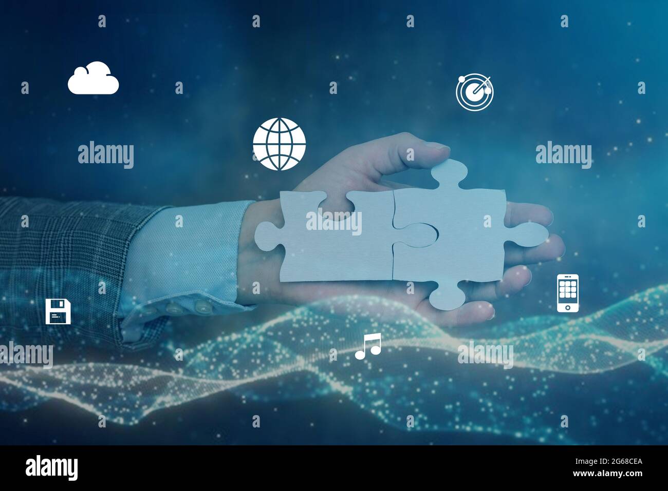 Hand Holding Jigsaw Puzzle Piece Unlocking New Futuristic Technologies ...