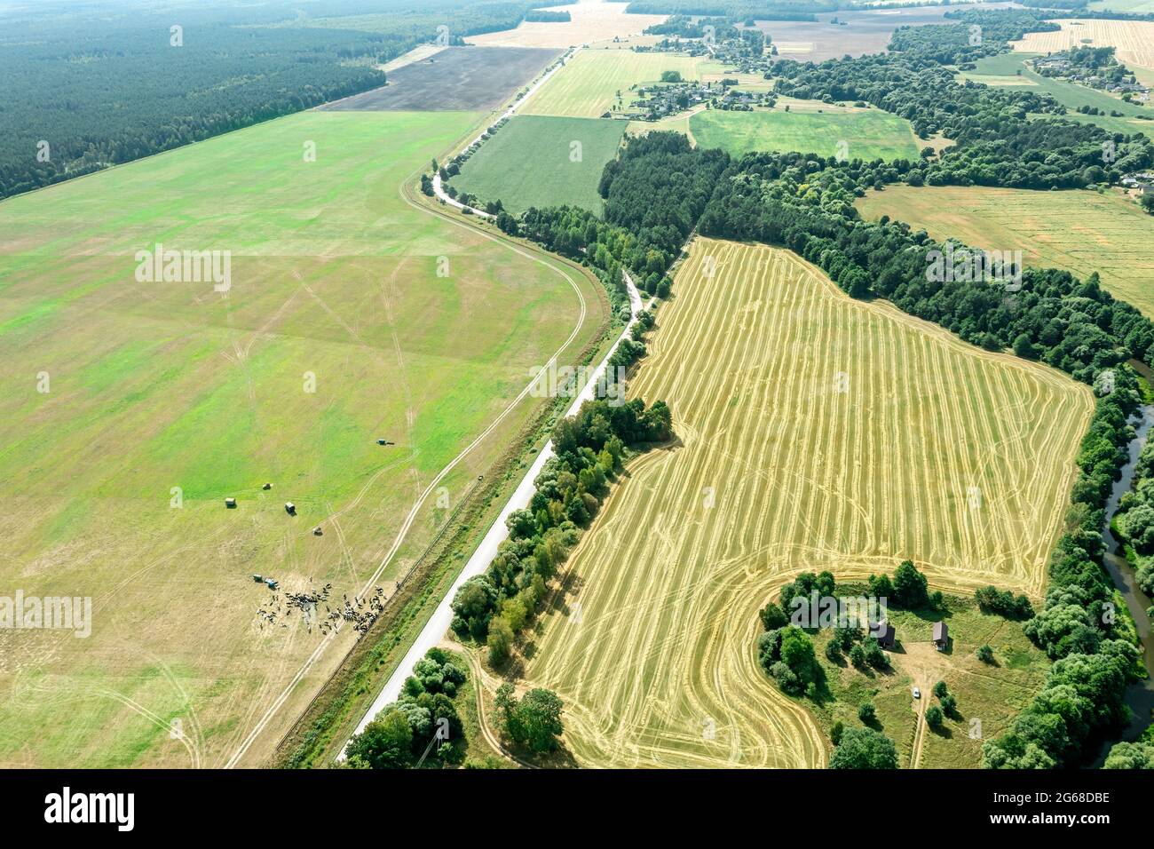 aerial view of rural area with cultivated fields, forests and country ...