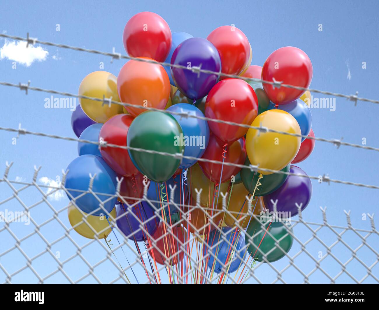 Balloons bunch behind the barbed fence. Freedom or prohibition of ...